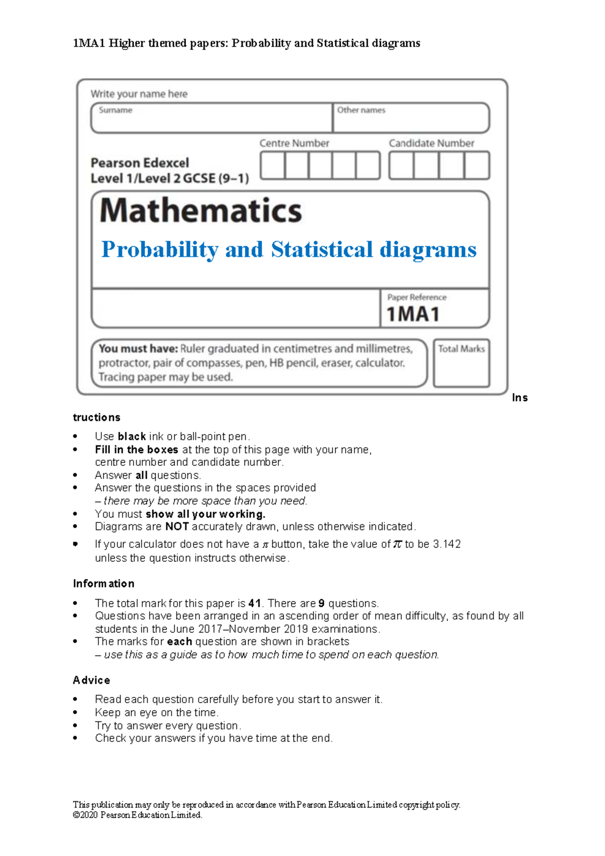 1MA1 Higher Probability and Statistical Diagrams Question Paper - Studocu