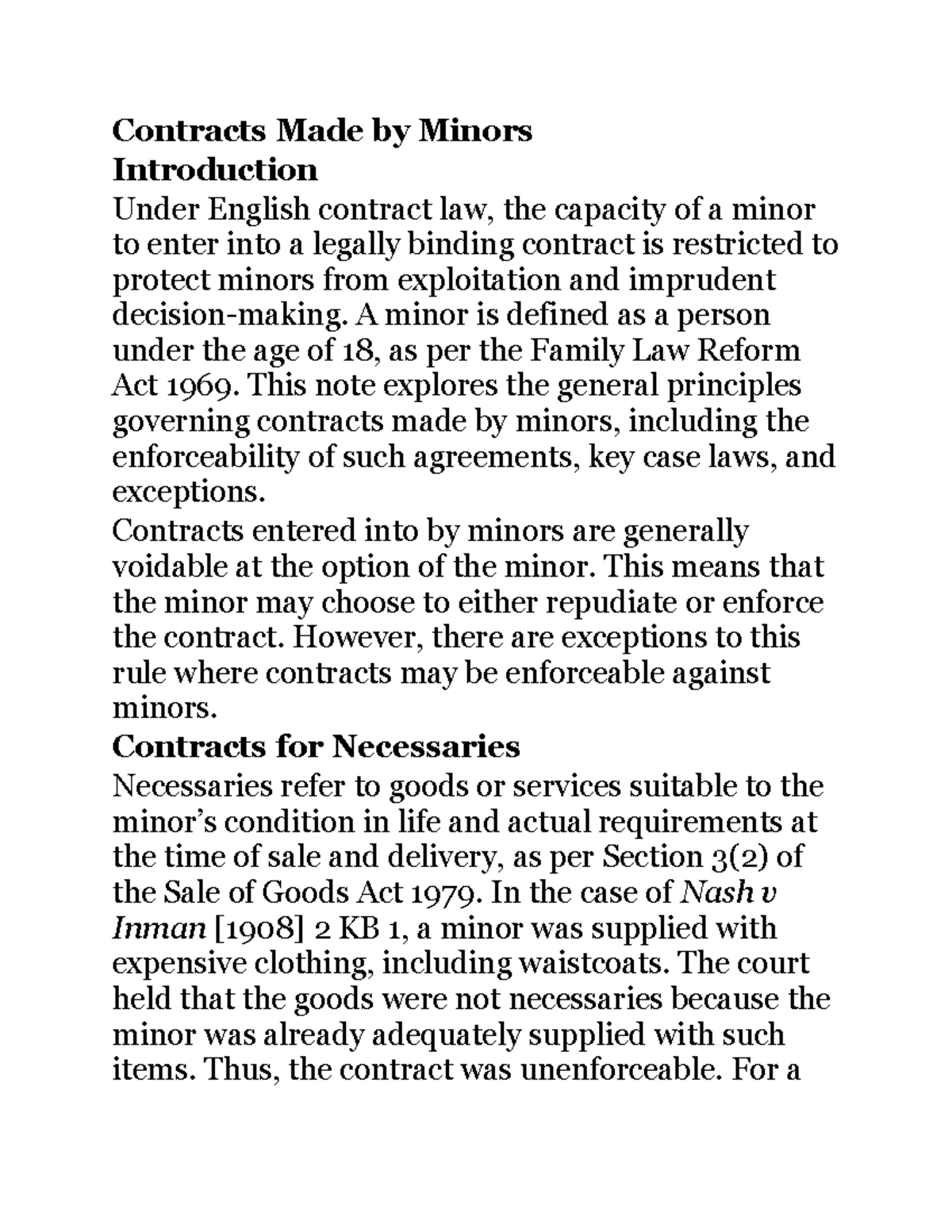 Contracts Made by Minors: Legal Principles and Cases in Focus - Studocu