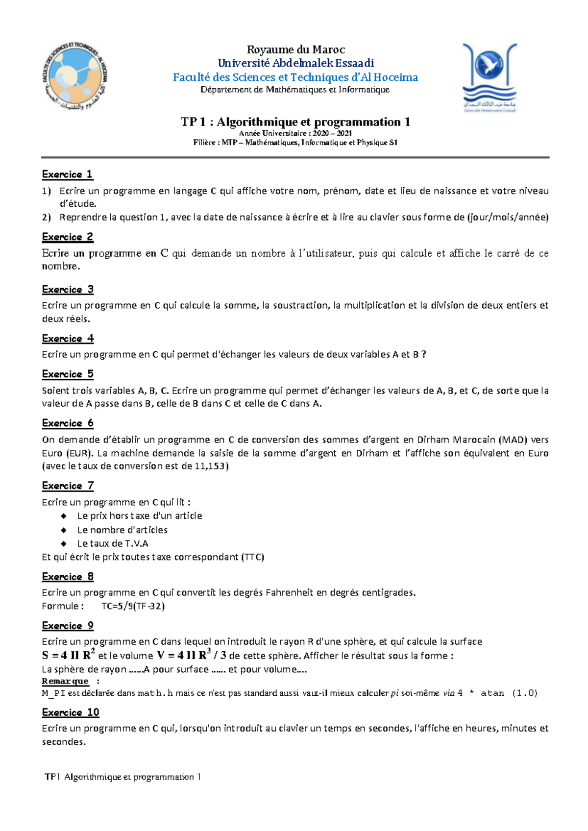 TP1 - Exos en C : Programmation 1 et Algorithmique MIP - Studocu