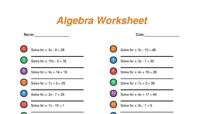 Algebra Worksheet 6: Solve for x Problems - Studocu