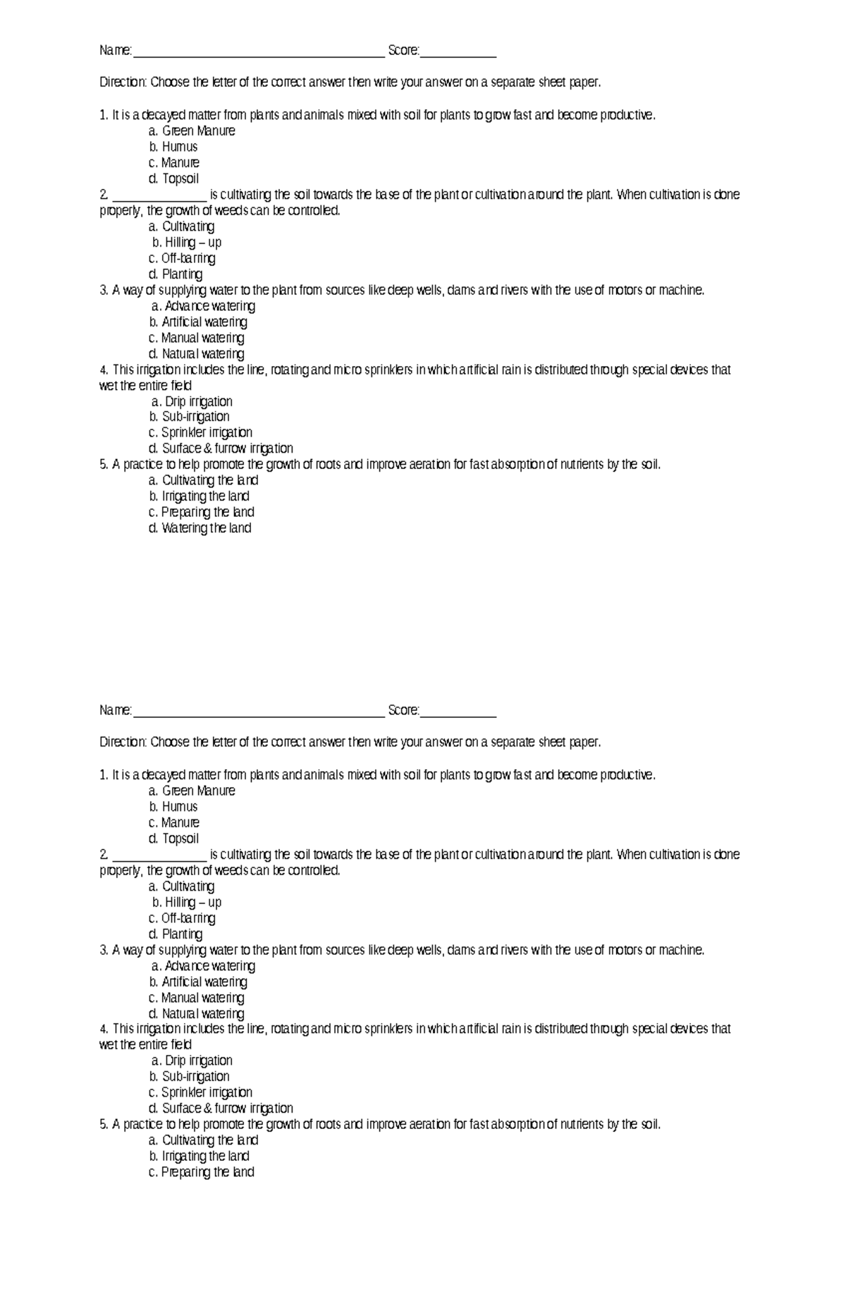 Evaluation Quiz on Soil and Irrigation Techniques - Studocu