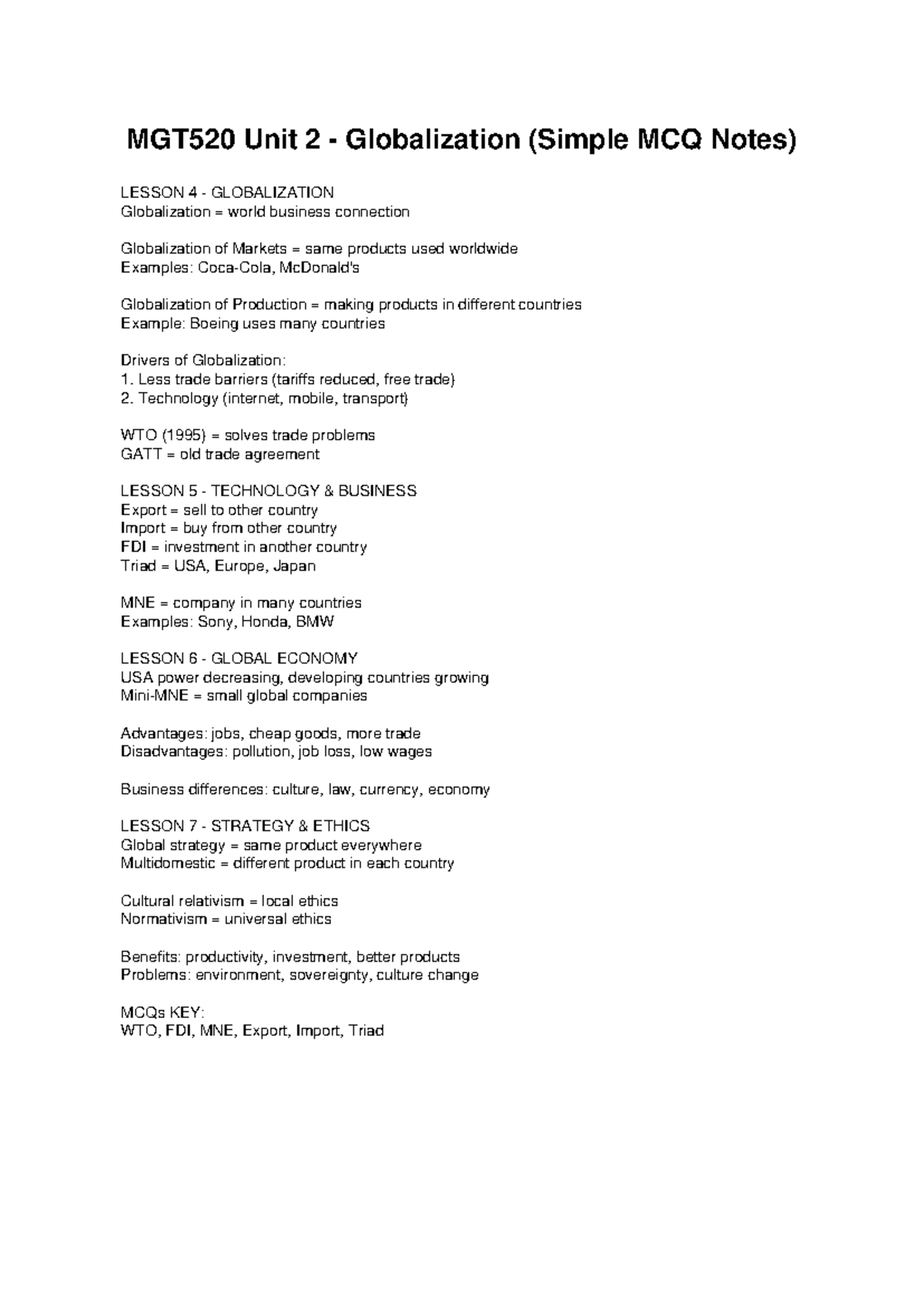 MGT520 Unit 2 Globalization: Key Concepts and MCQ Notes - Studocu