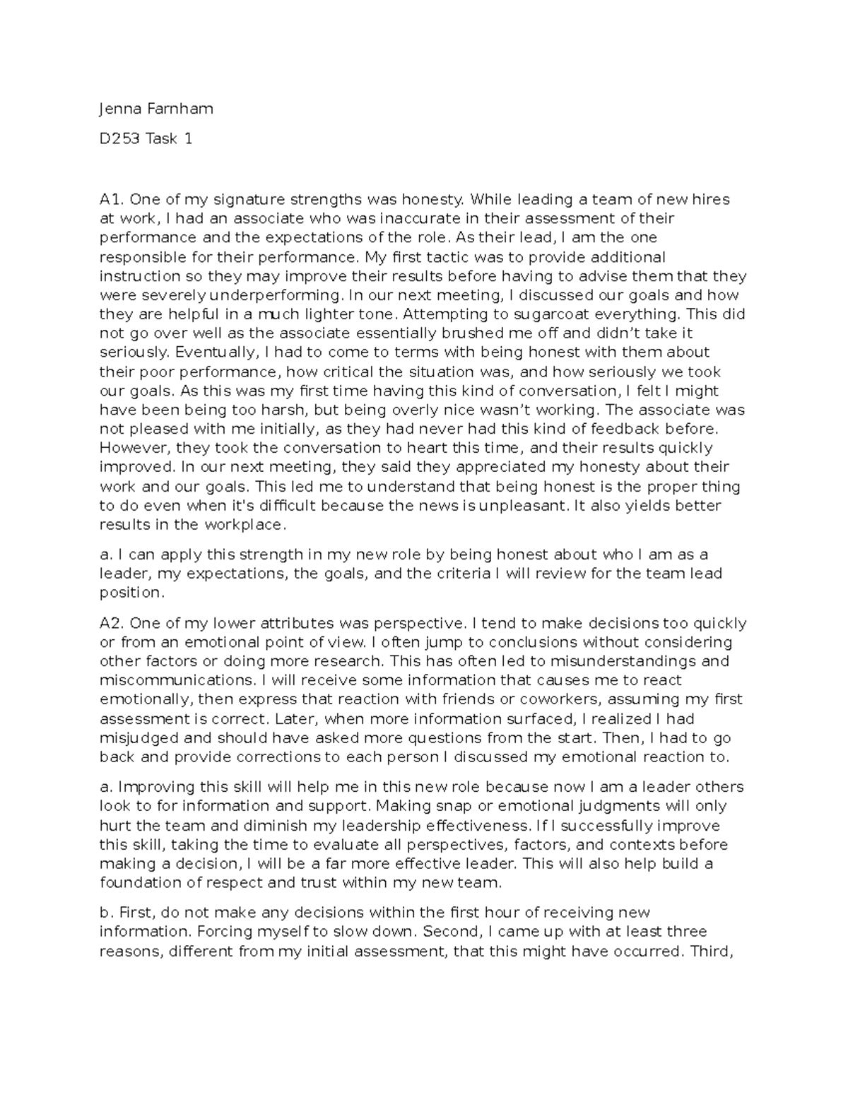 D253 Task 1: Leadership Reflections on Honesty and Accountability - Studocu
