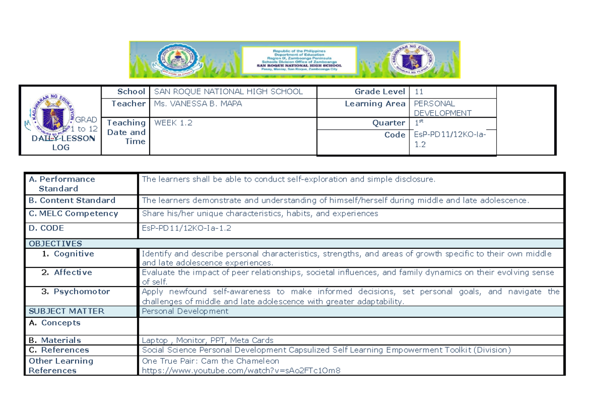 DLP-Per Dev-Q1 W1.2 - Personal Development Lesson Plan 11 - Studocu