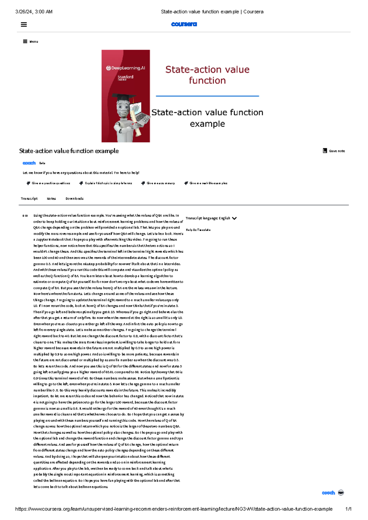 State-Action Value Function Example - Coursera Lecture 3/26/24 - Studocu