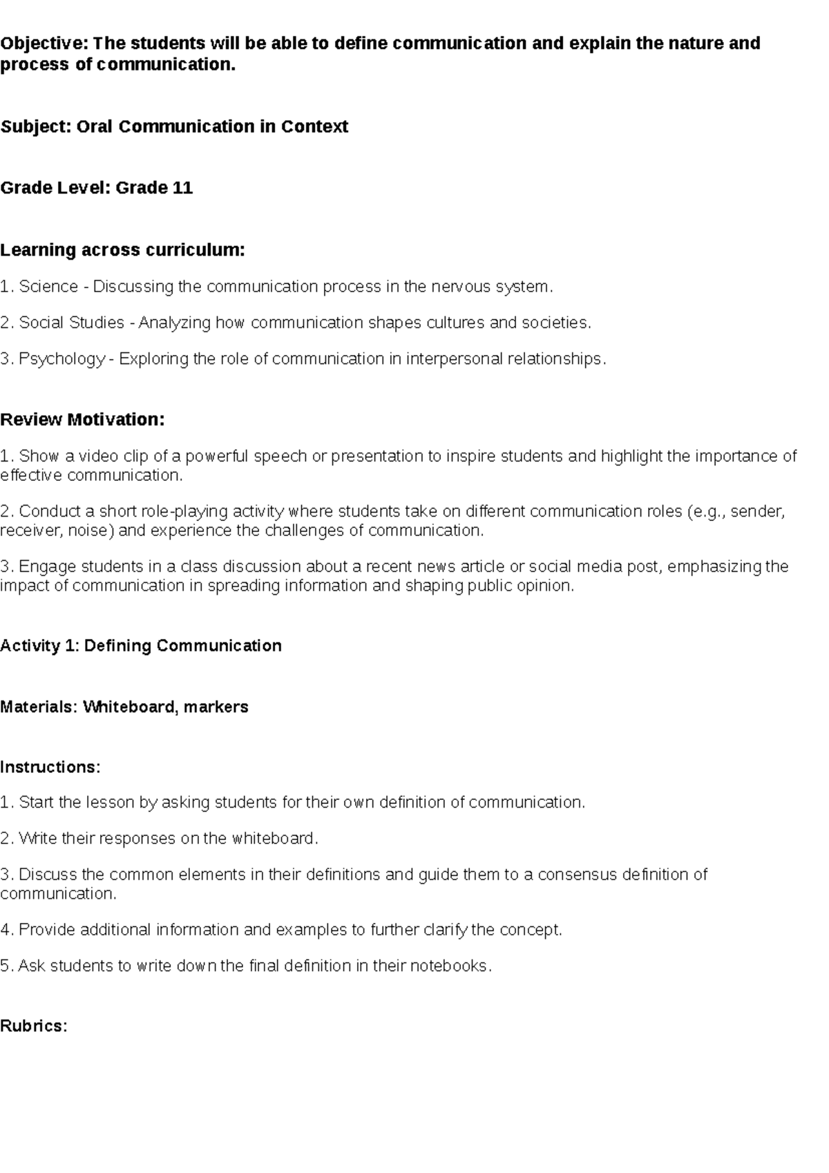 Oral Comm 11 Lesson Plan: Defining & Explaining Communication - Studocu