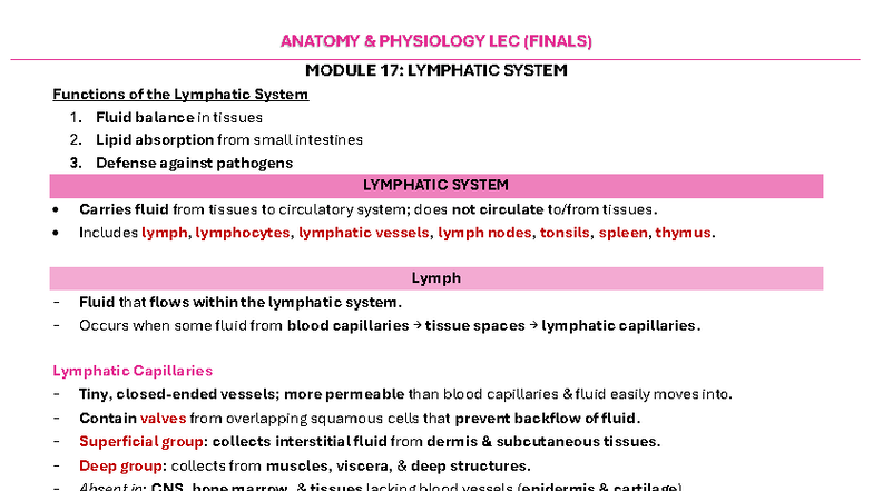 Anatomy & Physiology LEC (Finals) Module 17: Lymphatic System Overview ...