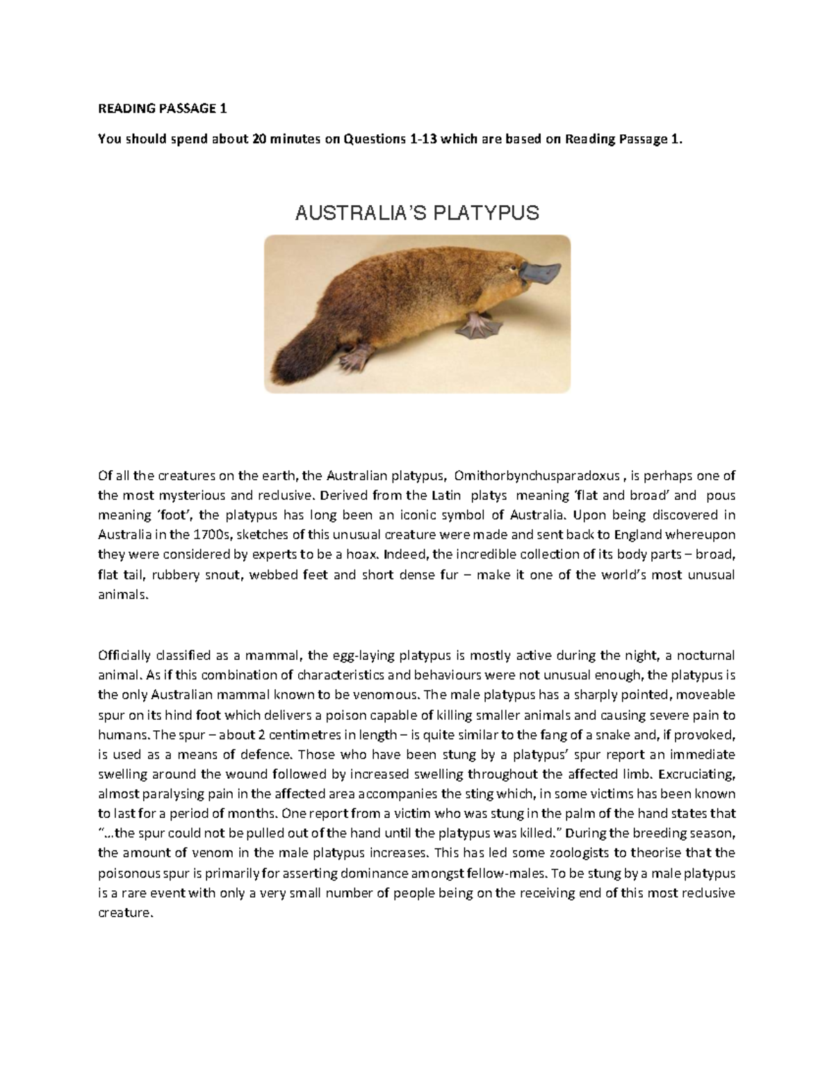 FT1 Reading Passage: The Mysterious Platypus and Its Unique ...