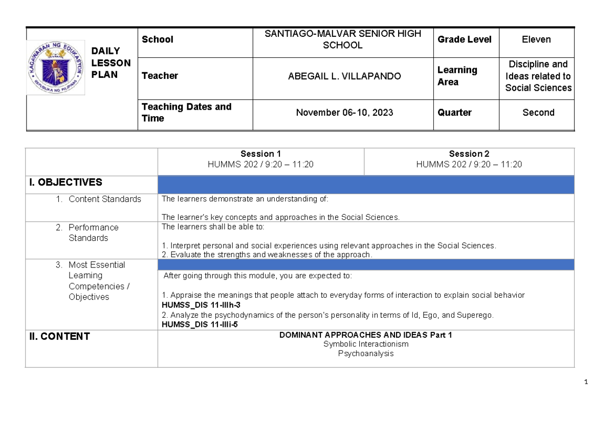 DLL-DISS-Q2-WEEK 1 - Lesson Plan on Social Sciences and Psychoanalysis ...