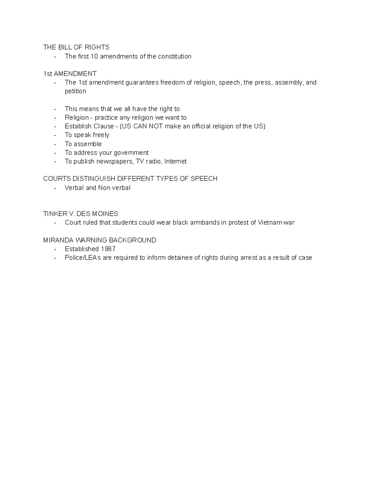 Bill of Rights Overview: 1st Amendment & Key Cases - Studocu