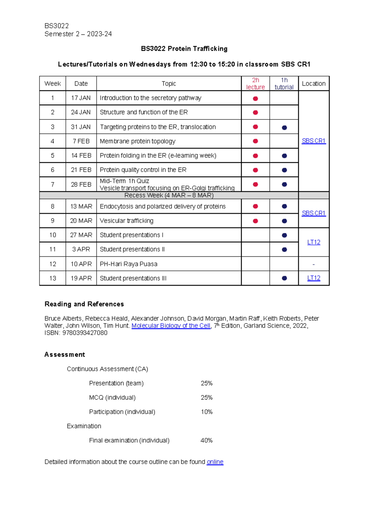 Course Info - BS Semester 2 – 2023- BS3022 Protein Trafficking Lectures/Tutorials on Wednesdays ...