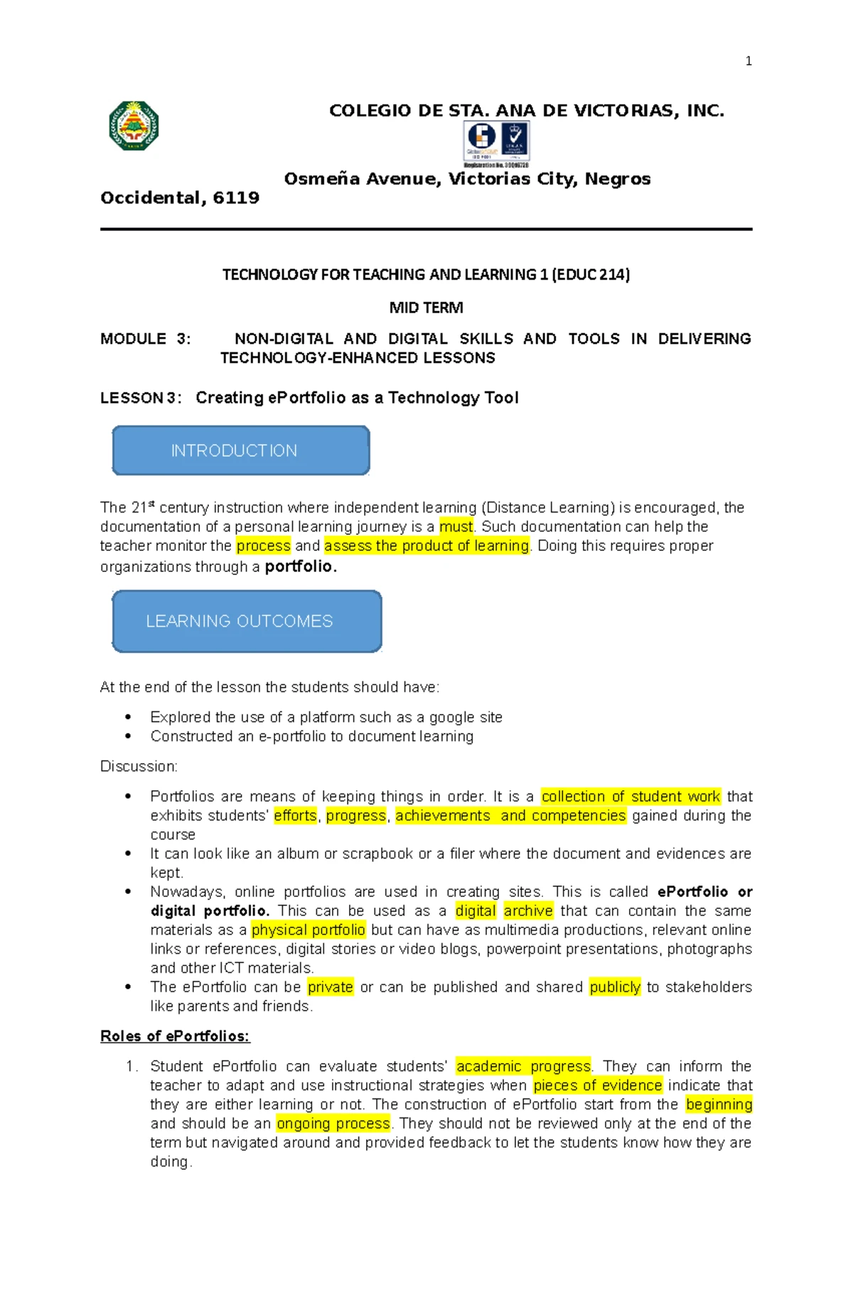 Module 1 Lesson 2 Assessment Purposes Learning Targets and Appropriate Methods - COLEGIO DE STA ...