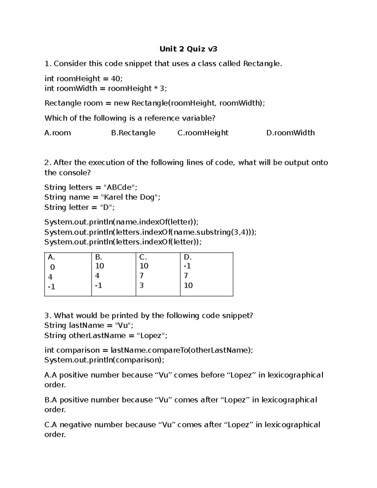 Unit 2 Quiz v3: Understanding Rectangle Class and String Output - Studocu