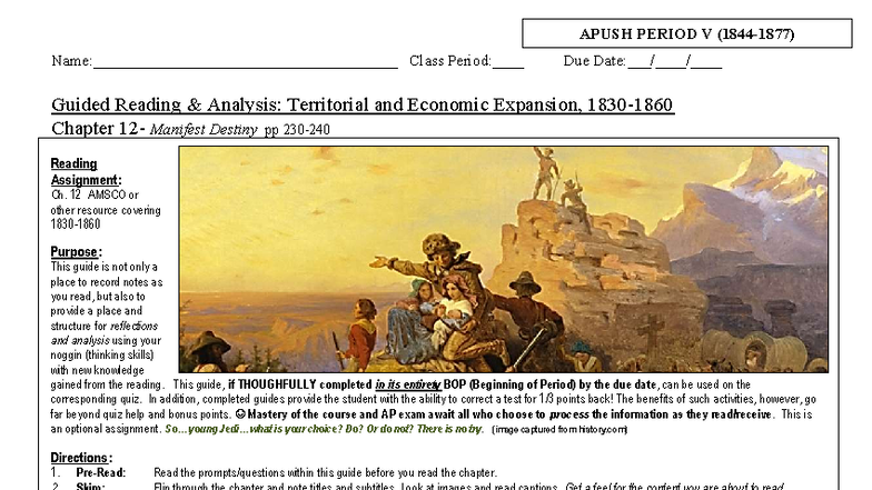 APUSH Period V Guided Reading: Manifest Destiny & Economic Expansion ...