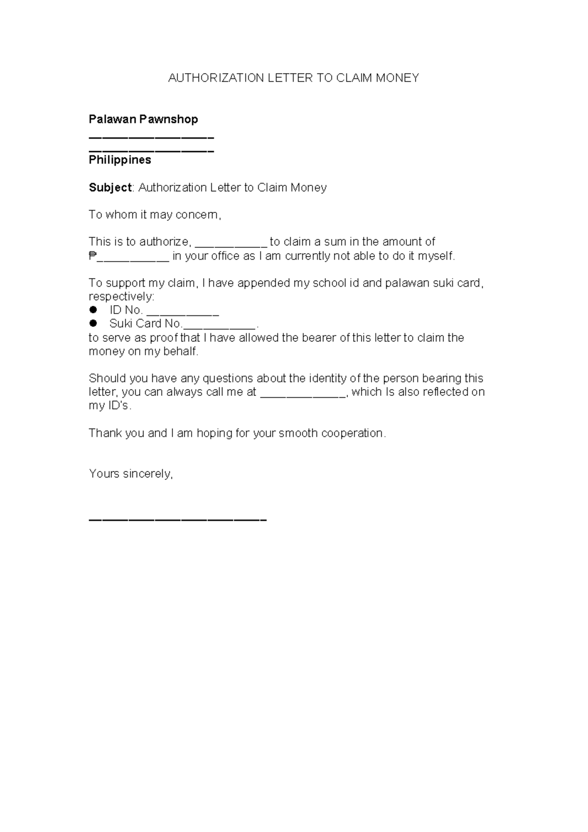 Authorization Letter for Money Claim - MDC - Studocu