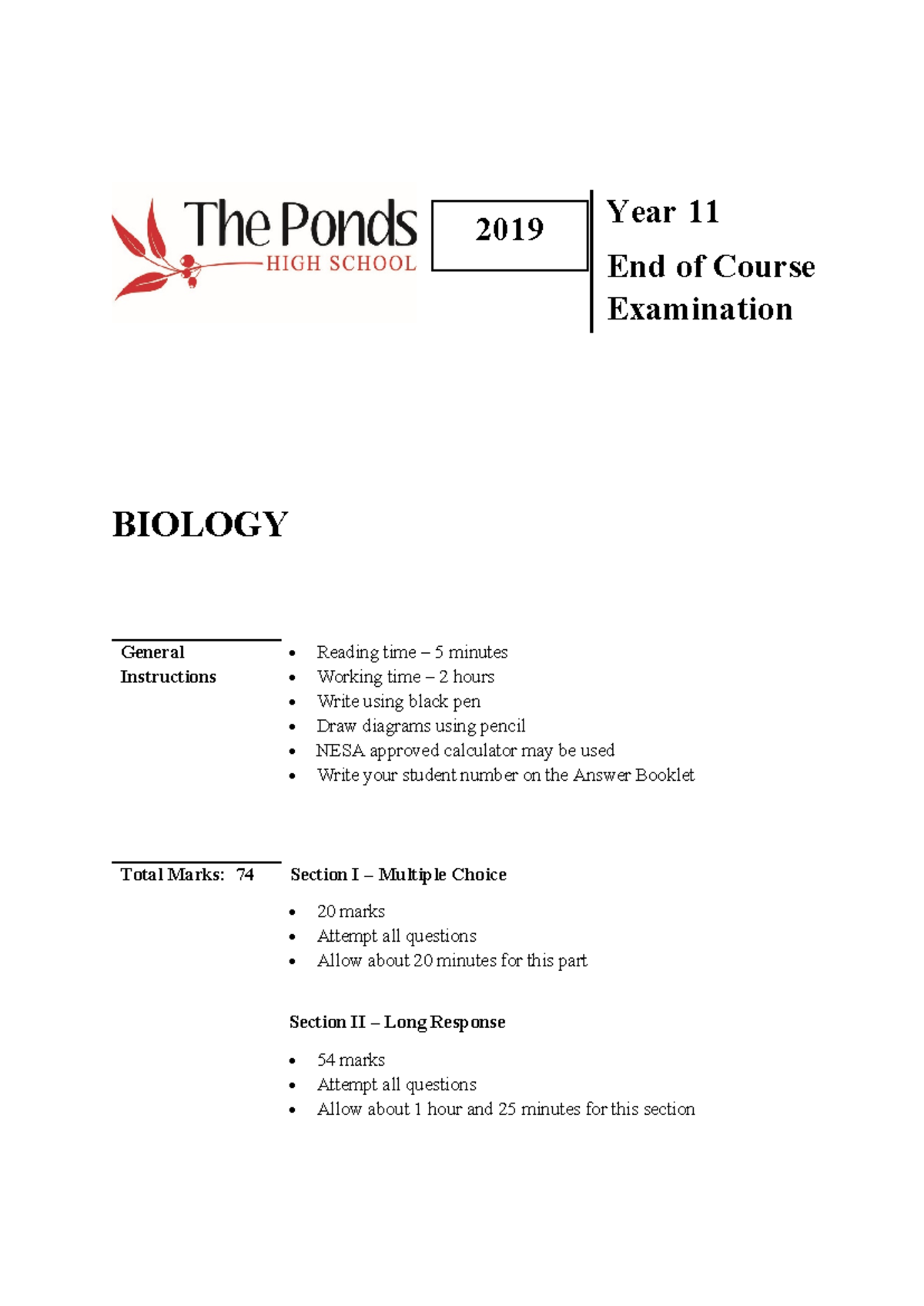 2019 Year 11 Biology End of Course Exam Instructions & Questions - Studocu