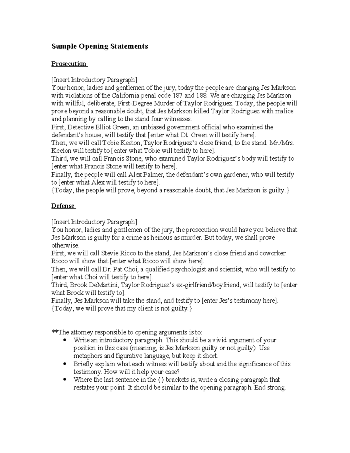 Sample Opening Statement for Law (Criminal Procedure) - Case Analysis ...