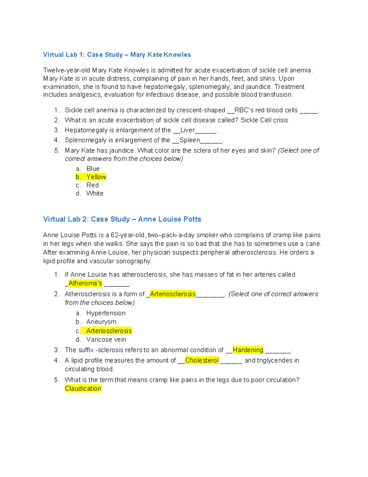 AHP105 Wk3 Virtual Lab: Case Studies on Sickle Cell & Atherosclerosis - Studocu