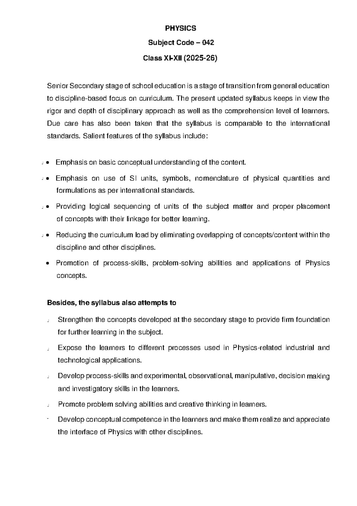Physics Syllabus Overview for Senior Secondary (Code 042) 2025-26 - Studocu