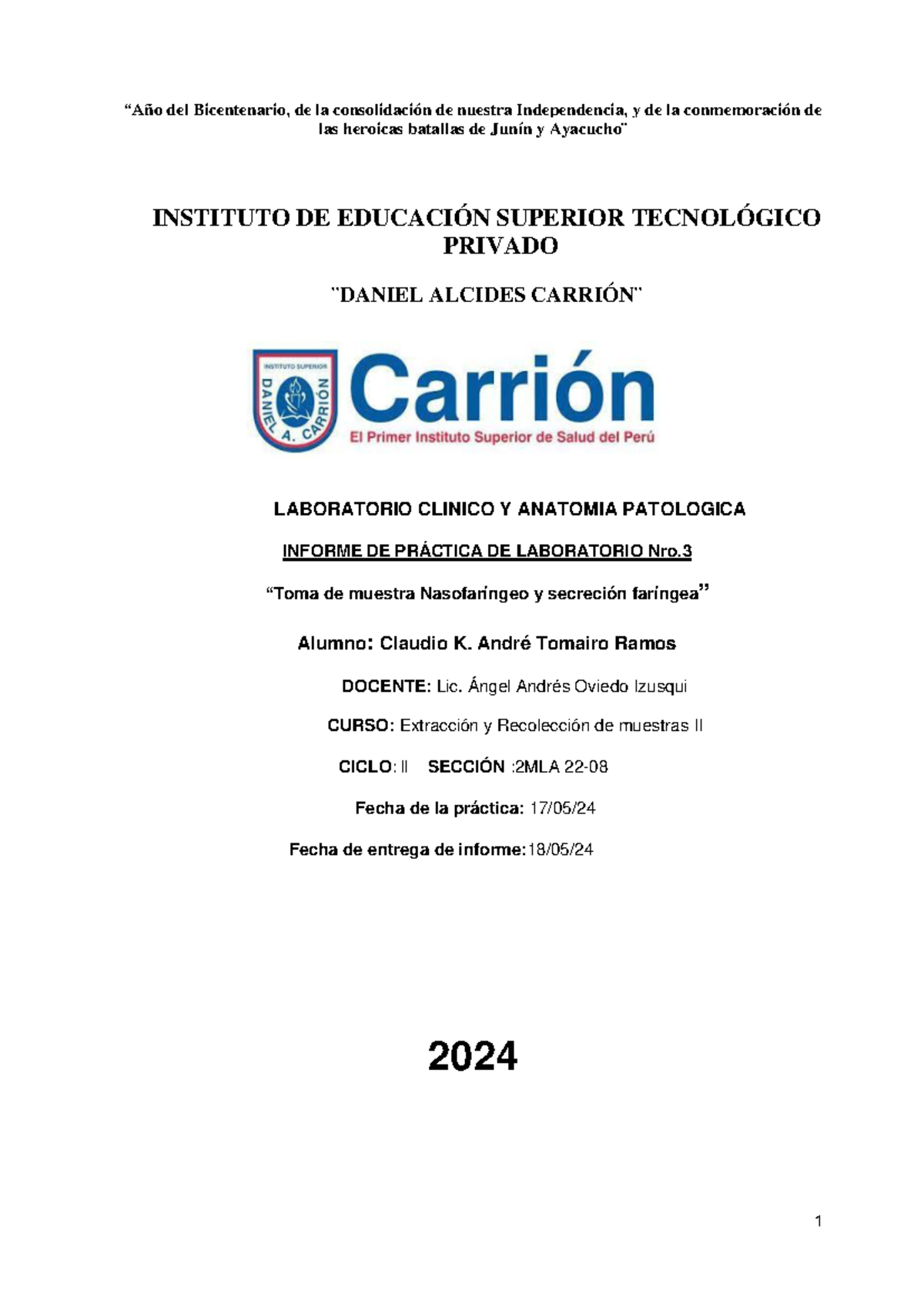 Informe de Práctica de Laboratorio N° 3: Toma de Muestra Nasofaríngea ...