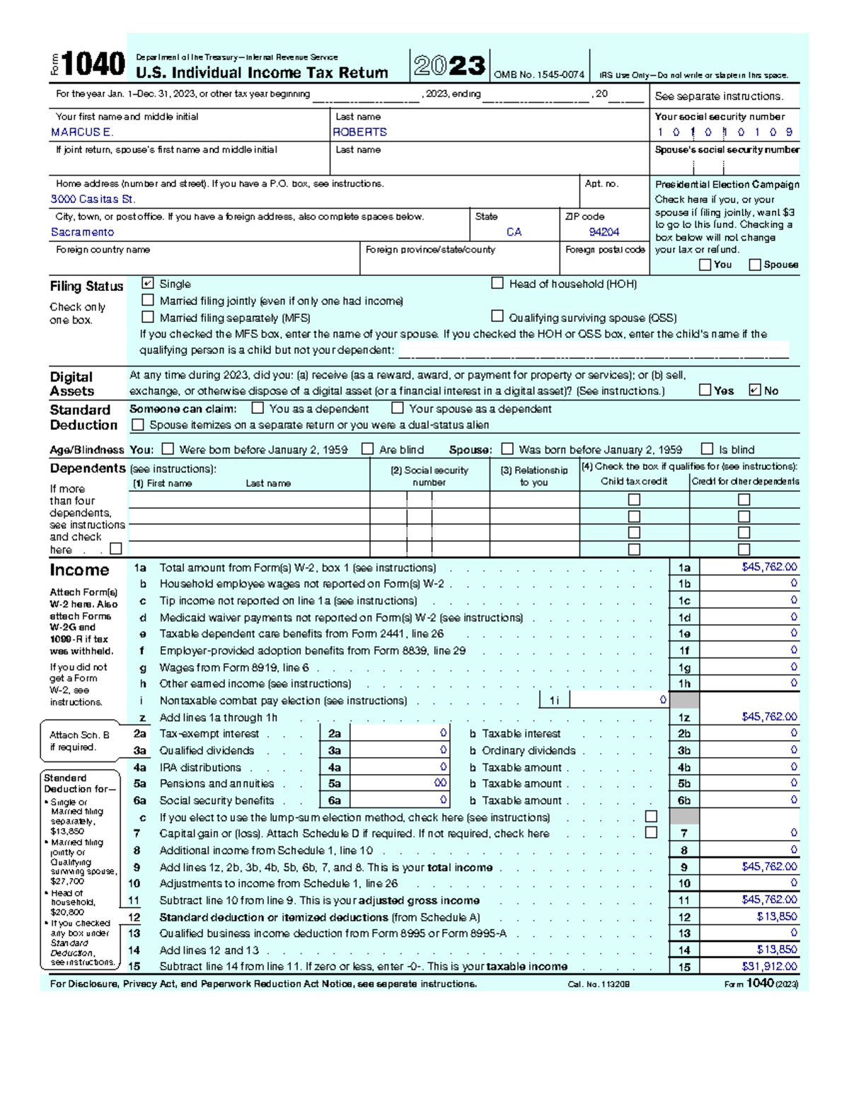 Marcus E. Roberts 2023 Individual Tax Return Form 1040 - Studocu