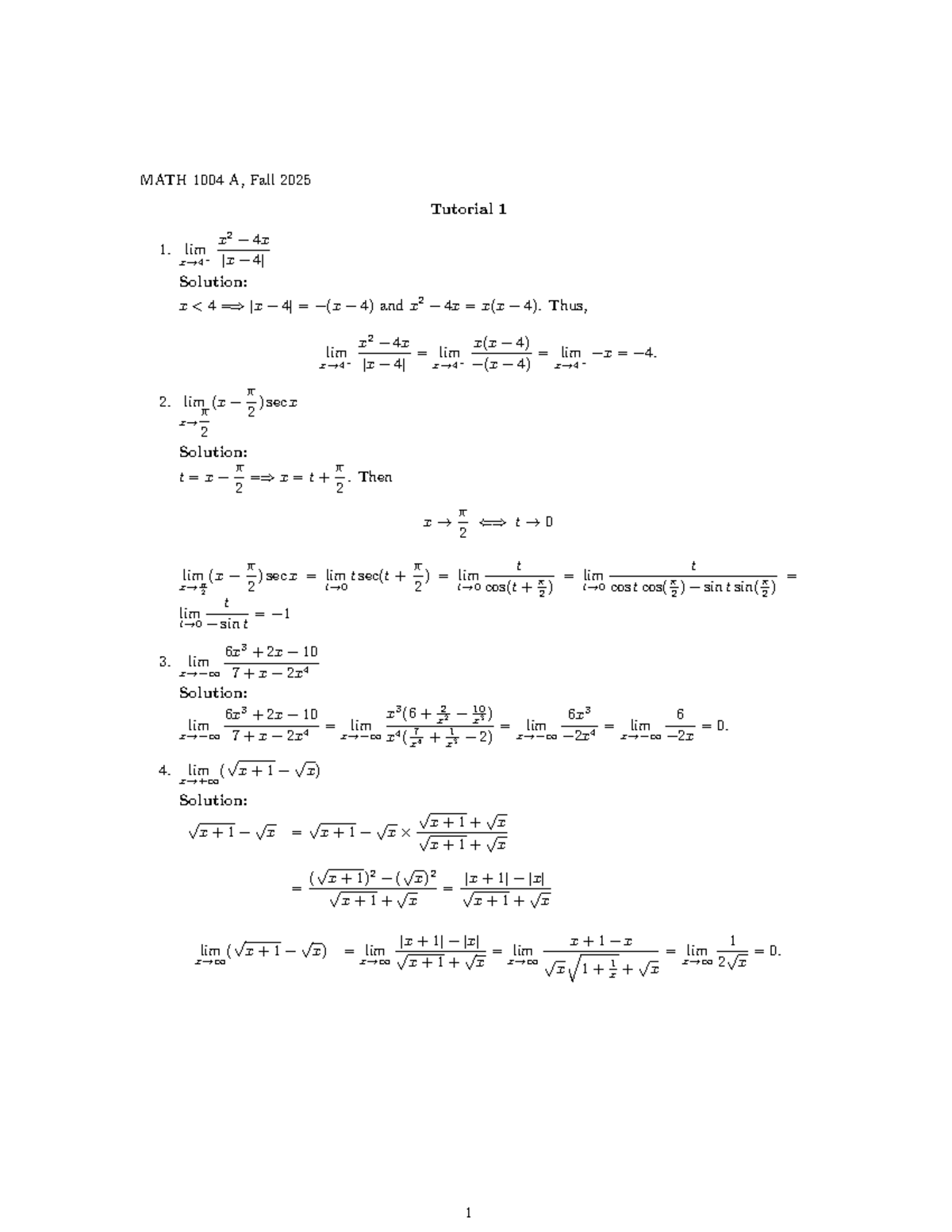 MATH 1004 A, Fall 2025 - Tutorial 1 Solutions on Limits - Studocu