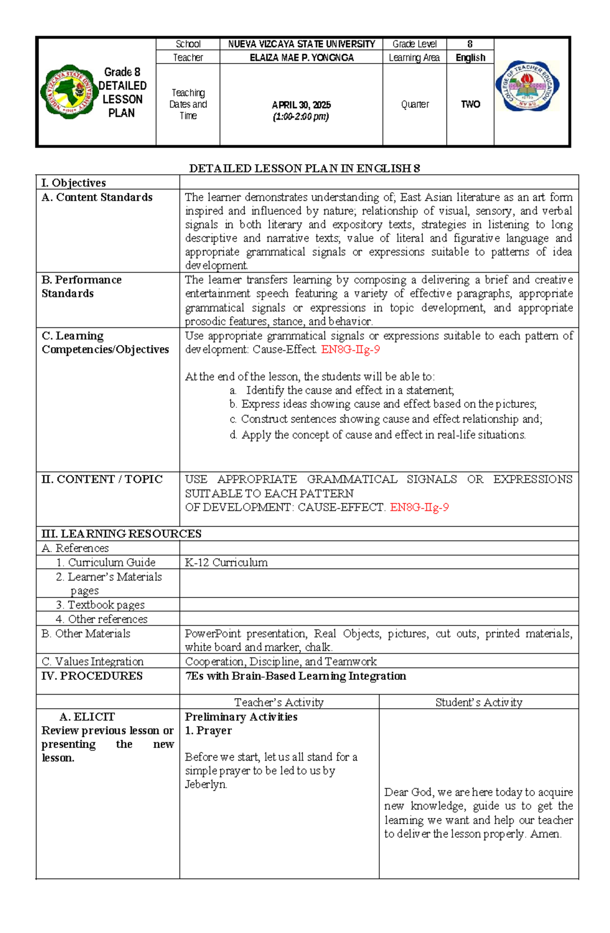 DLP-8: Detailed Lesson Plan on Cause and Effect in English 8 - Studocu
