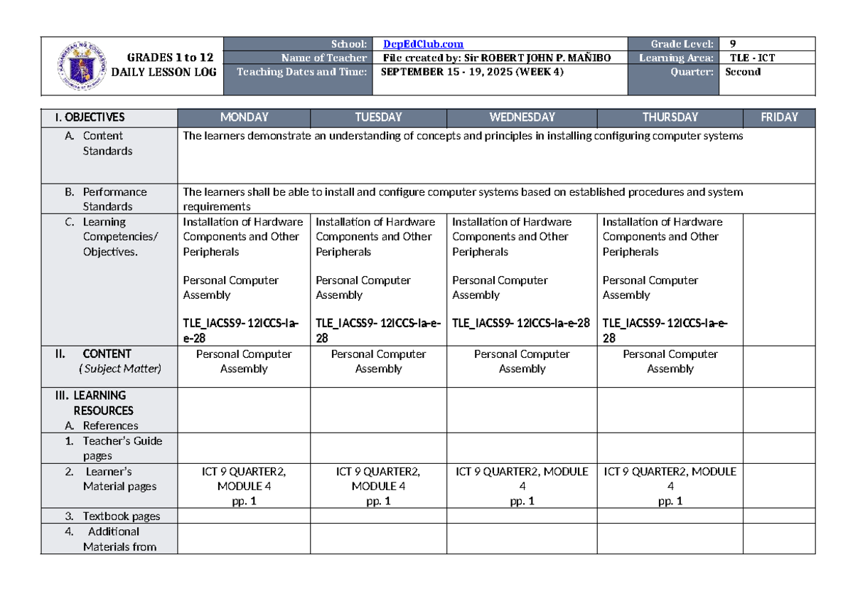 DLL TLE ICT 9 Q2 W4: Daily Lesson Log on PC Assembly - Studocu