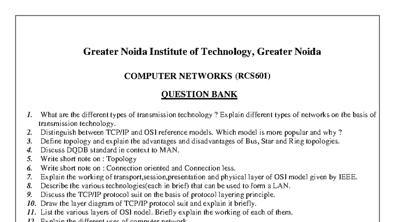RCS601 COMPUTER NETWORKS QUESTION BANK - Comprehensive Study Guide ...