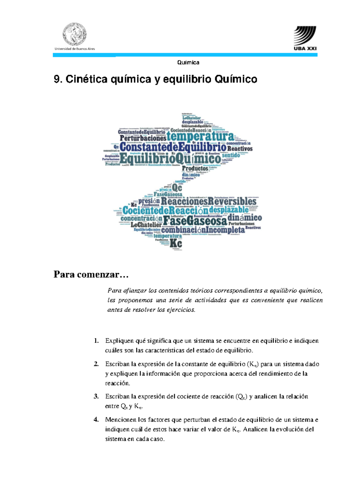 U 9 Química: Ejercicios sobre Cinética y Equilibrio Químico - Studocu