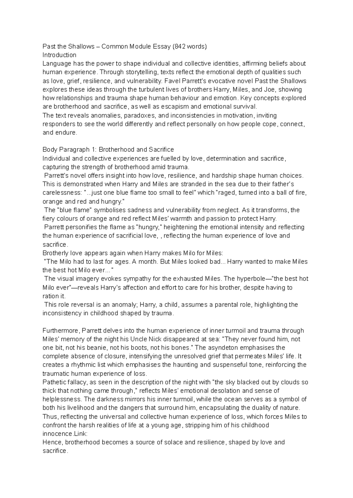 Past the Shallows Common Module Essay Analysis (842 words) - Studocu