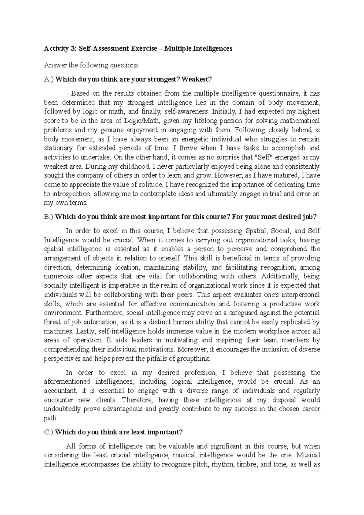 Activity 3 Follow Up Question - Activity 3: Self-Assessment Exercise ...