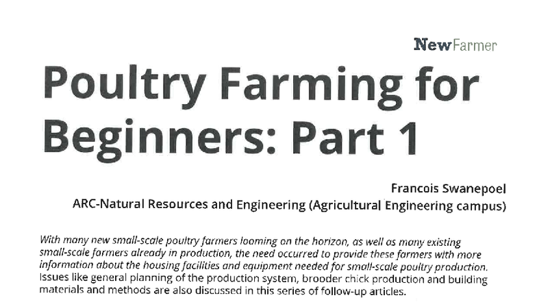 Poultry Farming for Beginners: Part 1 (Agricultural Engineering) - Studocu