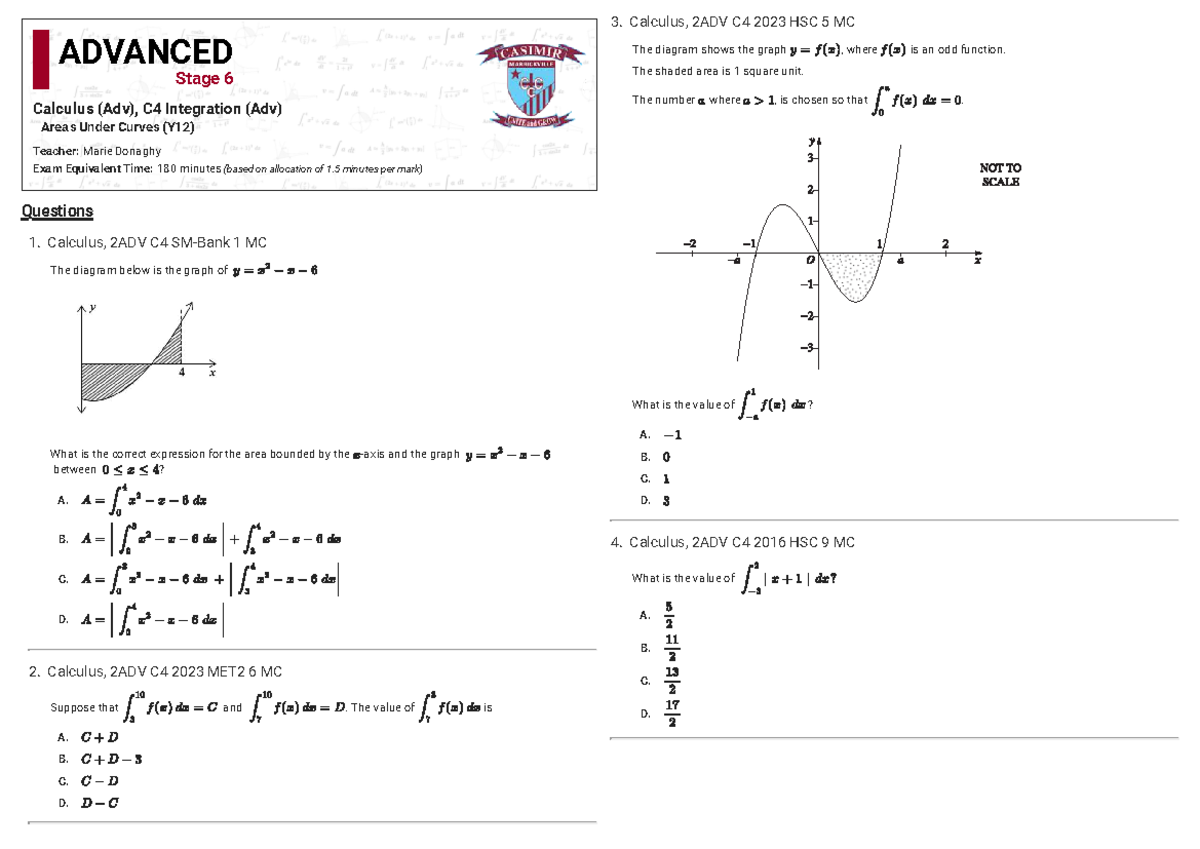 HSC Questions Area - 1. Calculus, 2ADV C4 SM-Bank 1 MC 2. Calculus ...
