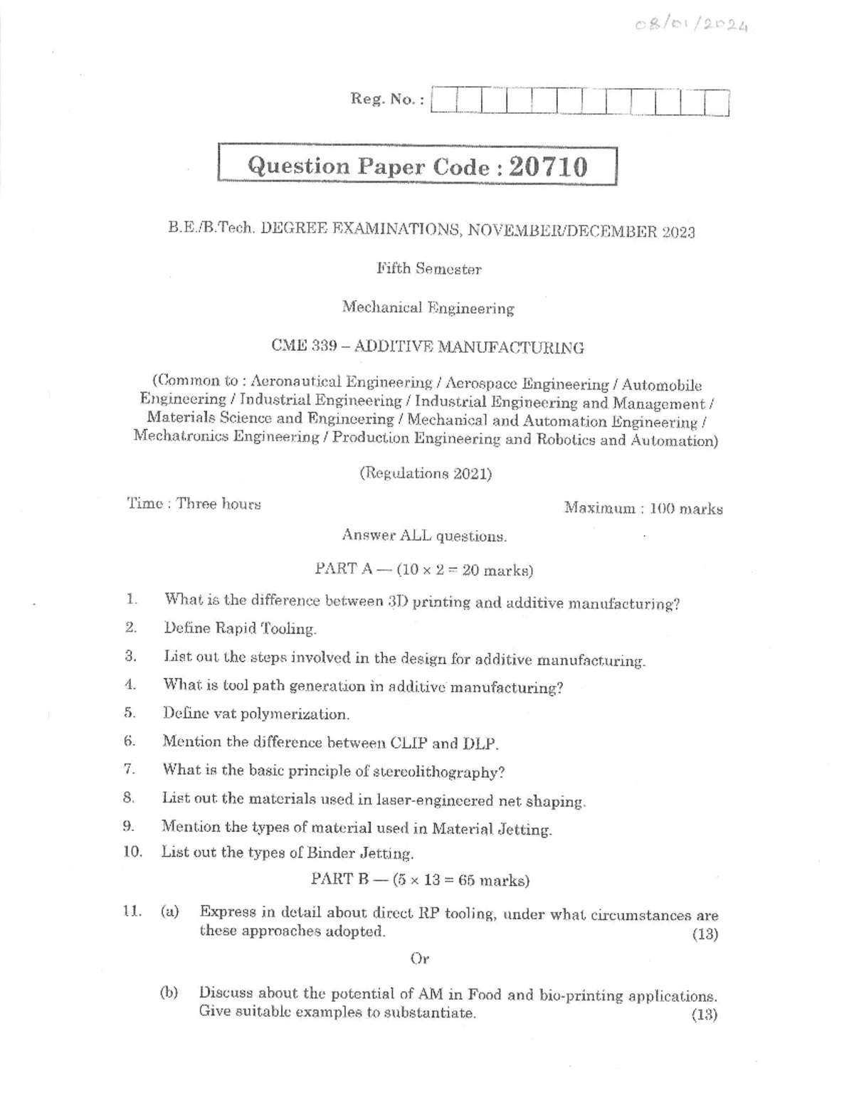 CME339 - Additive Manufacturing Exam Paper 2023 - Detailed Q&A Guide ...