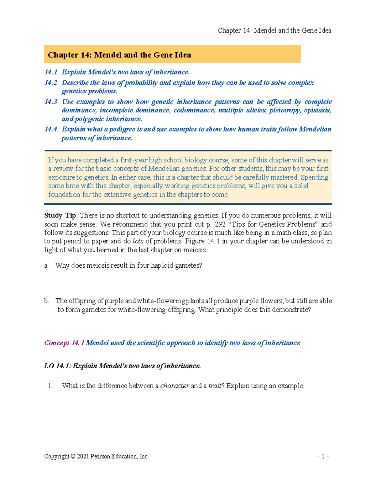 Bio12 ARG 14 - AP Bio Mendelian Genetics Reading Guide & Key Concepts ...