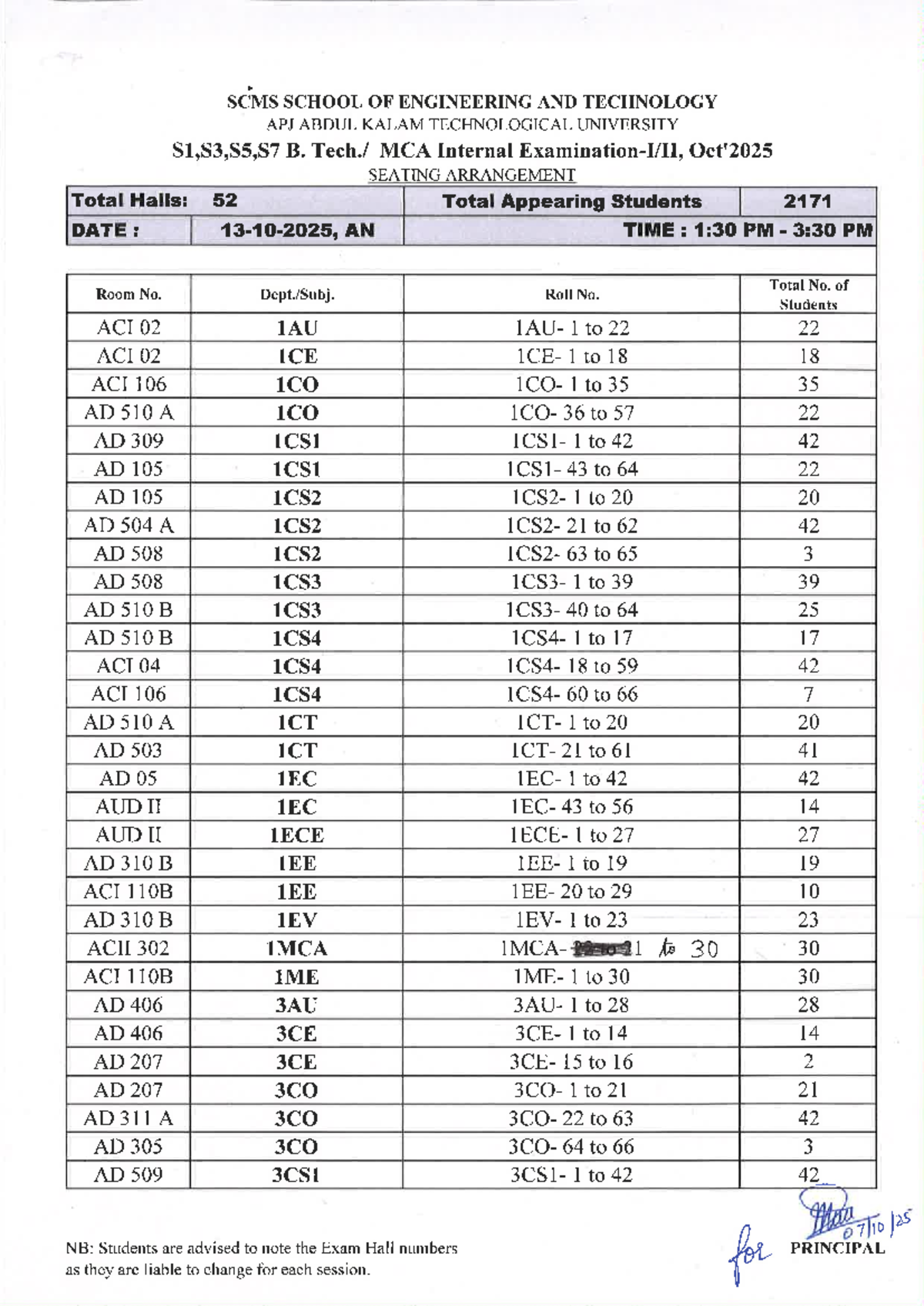 SCMS B. MCA Internal Exam Seating Arrangement S1, S3, S5, S7 - 13-10 ...