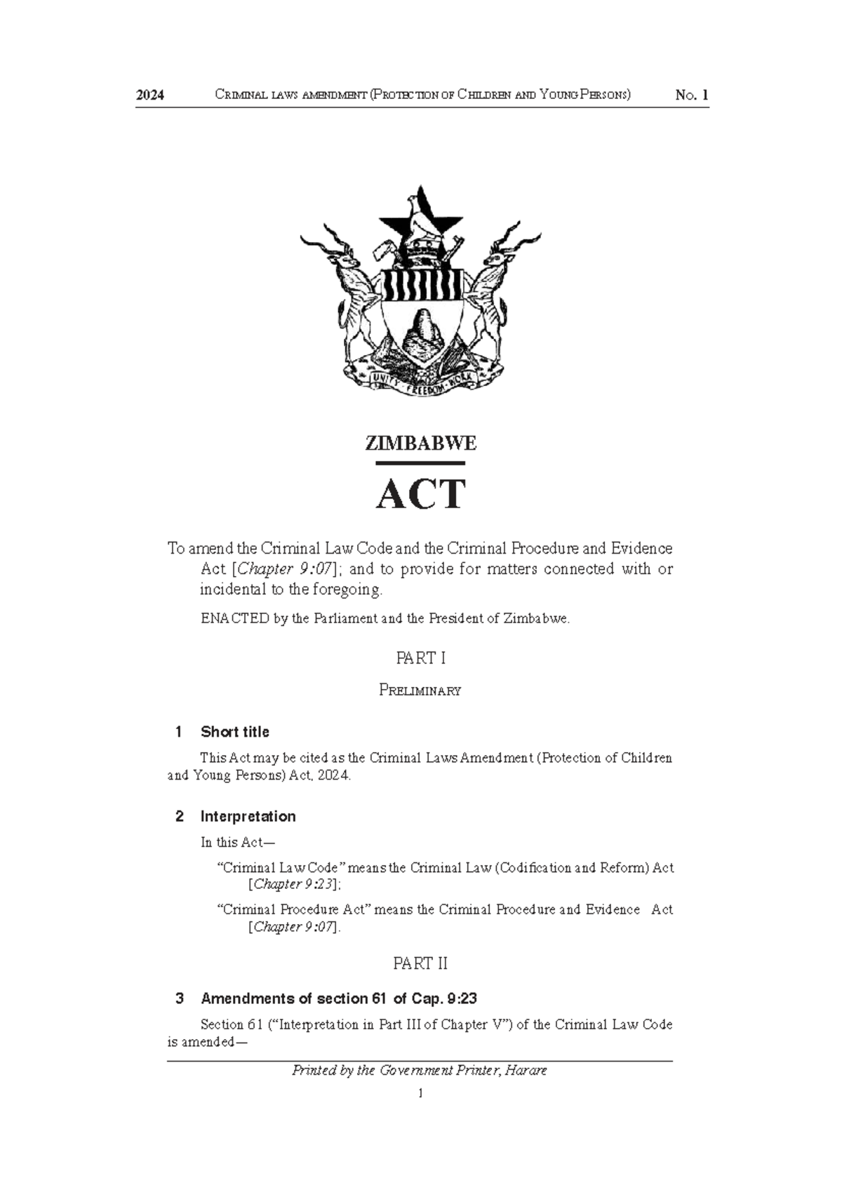 2024 ZIMBABWE Act No. 1: Criminal Law Amendment on Child Protection ...