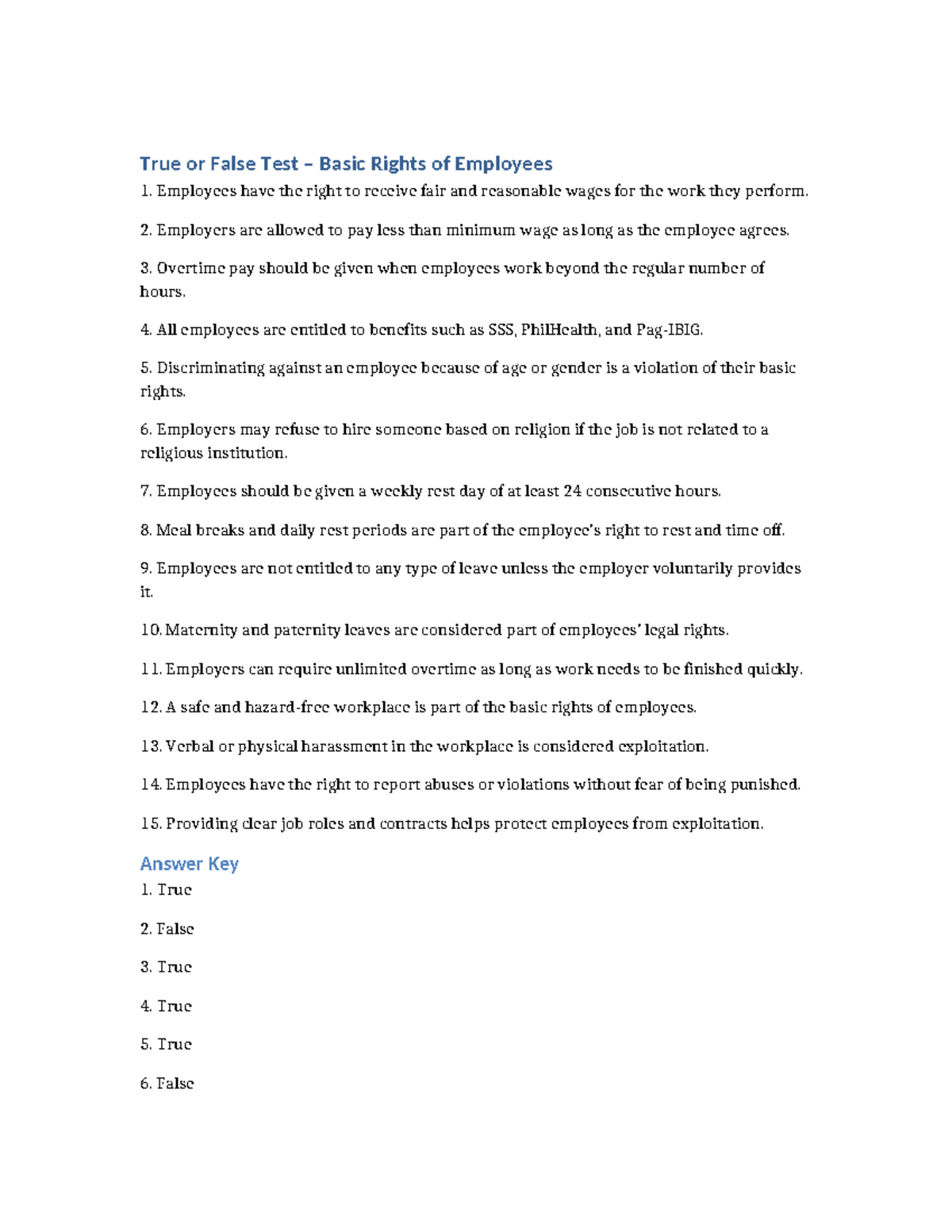 True or False Test: Basic Rights of Employees (HR 101) - Studocu