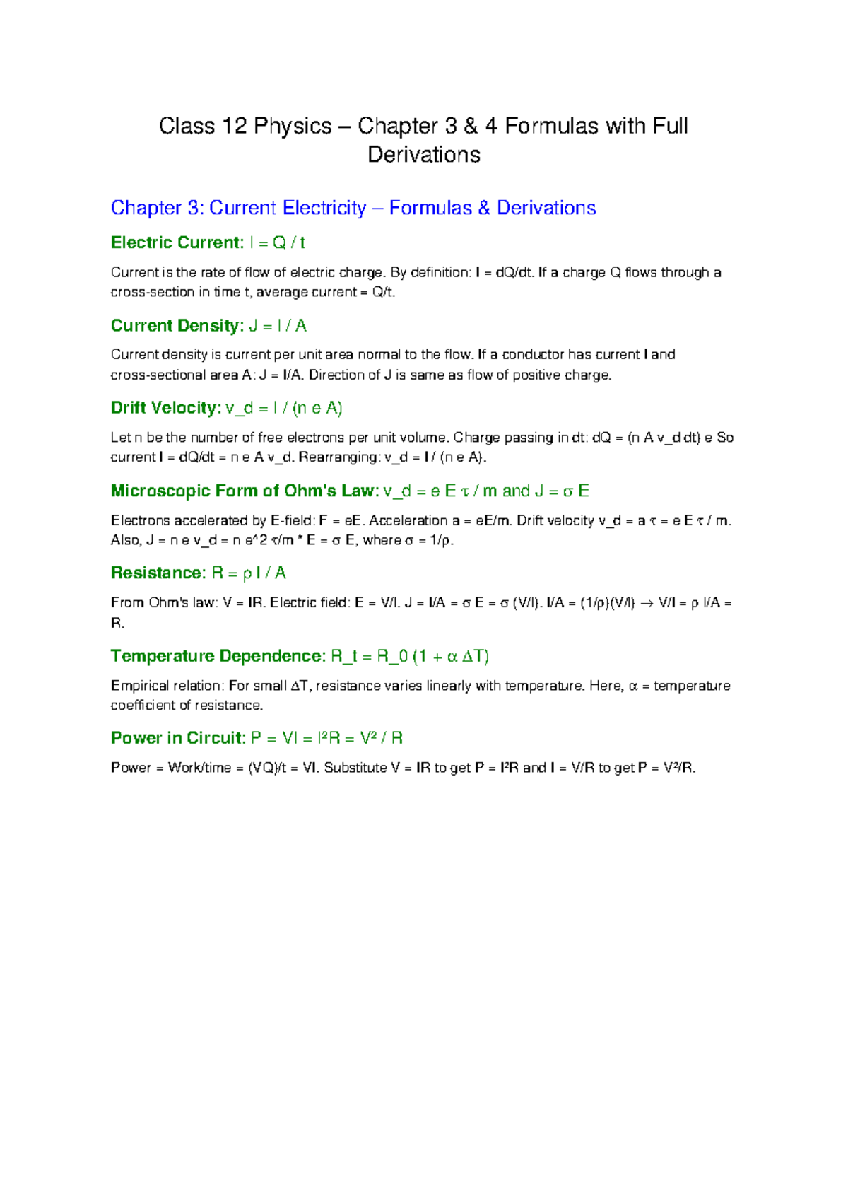 Class 12 Physics Ch3: Current Electricity Formulas & Derivations - Studocu