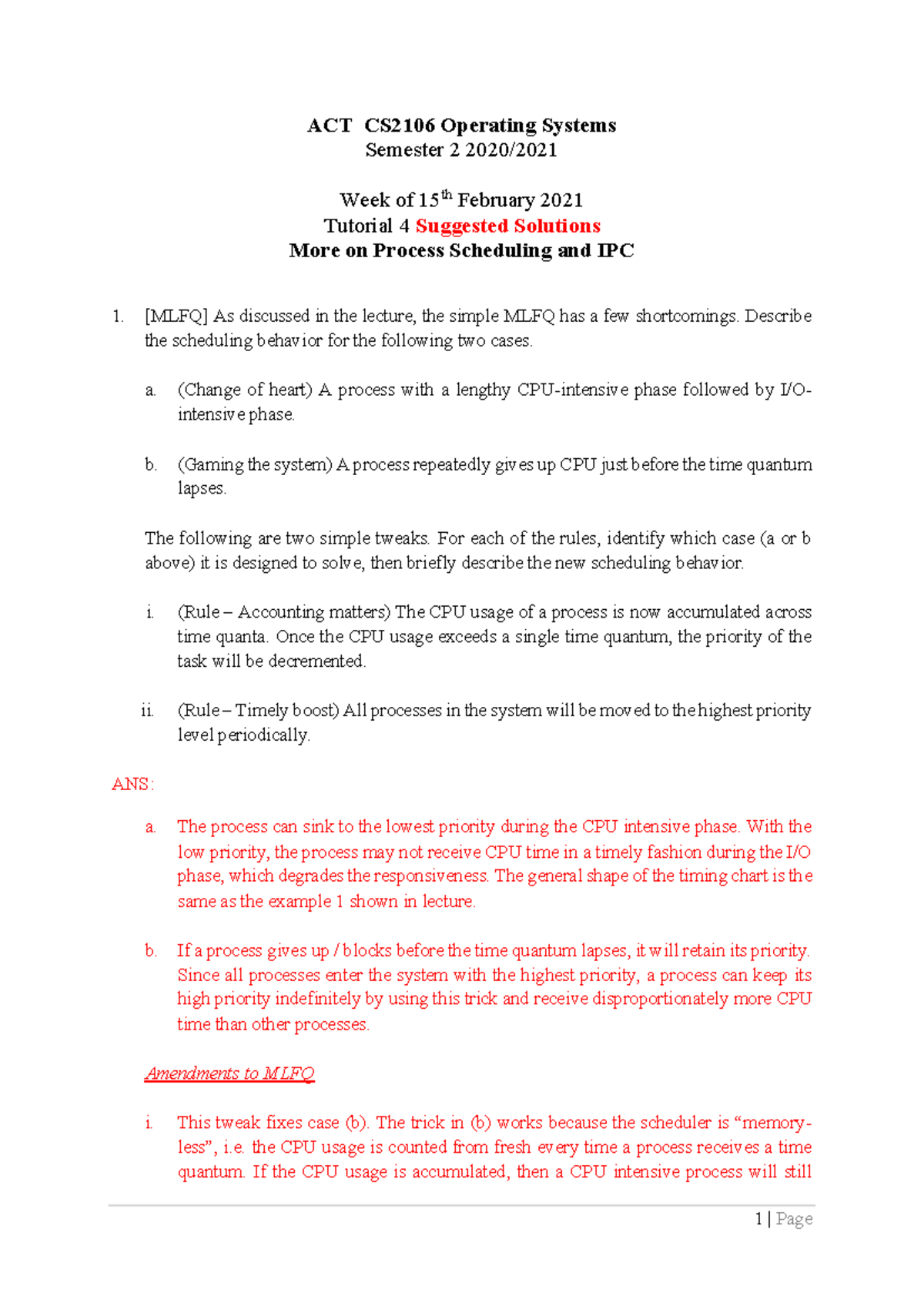 ACT CS2106 Operating Systems Semester 2 Tutorial 4 Suggested Solutions on - Studocu