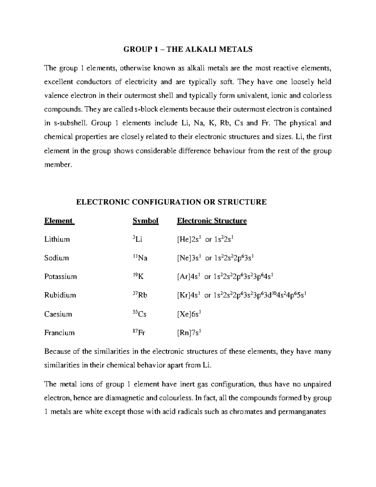 Chm222 Group 1 Elements - GROUP 1 – THE ALKALI METALS The group 1 ...