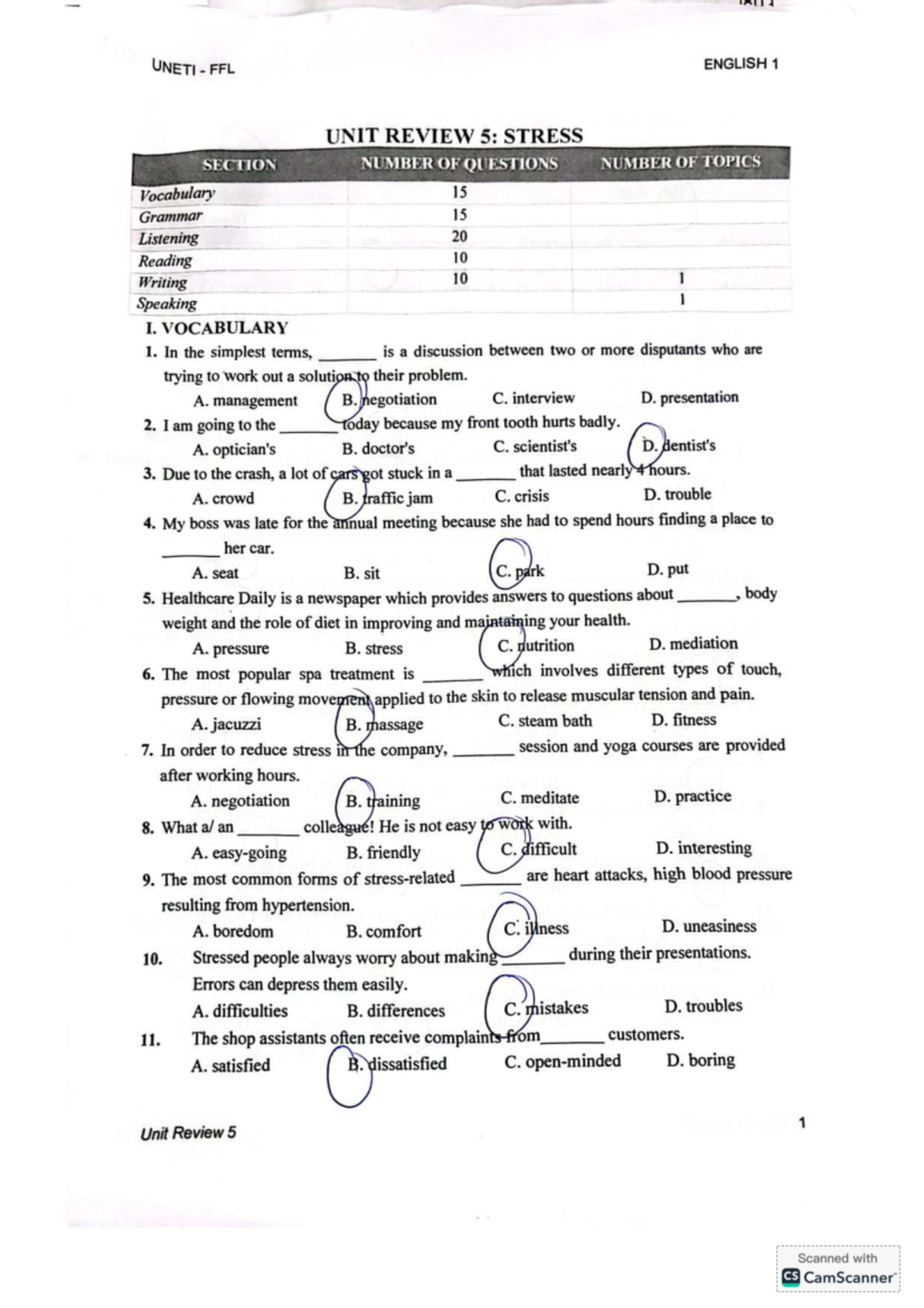 UNETI FFL ENGLISH 1 UNIT 5 REVIEW: VOCABULARY, GRAMMAR, LISTENING ...