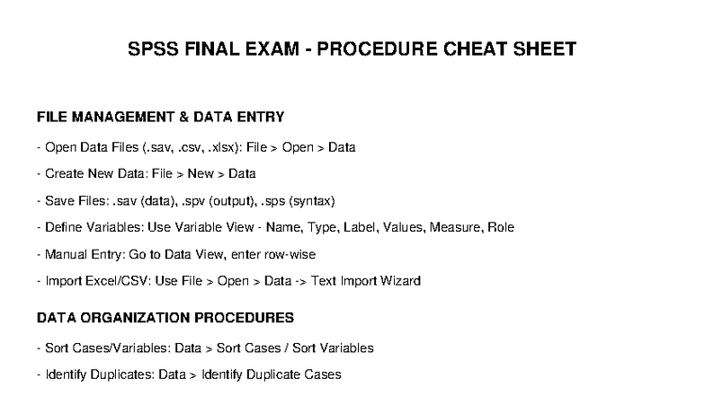 SPSS 101 Final Exam Cheat Sheet: Data Management & Analysis - Studocu