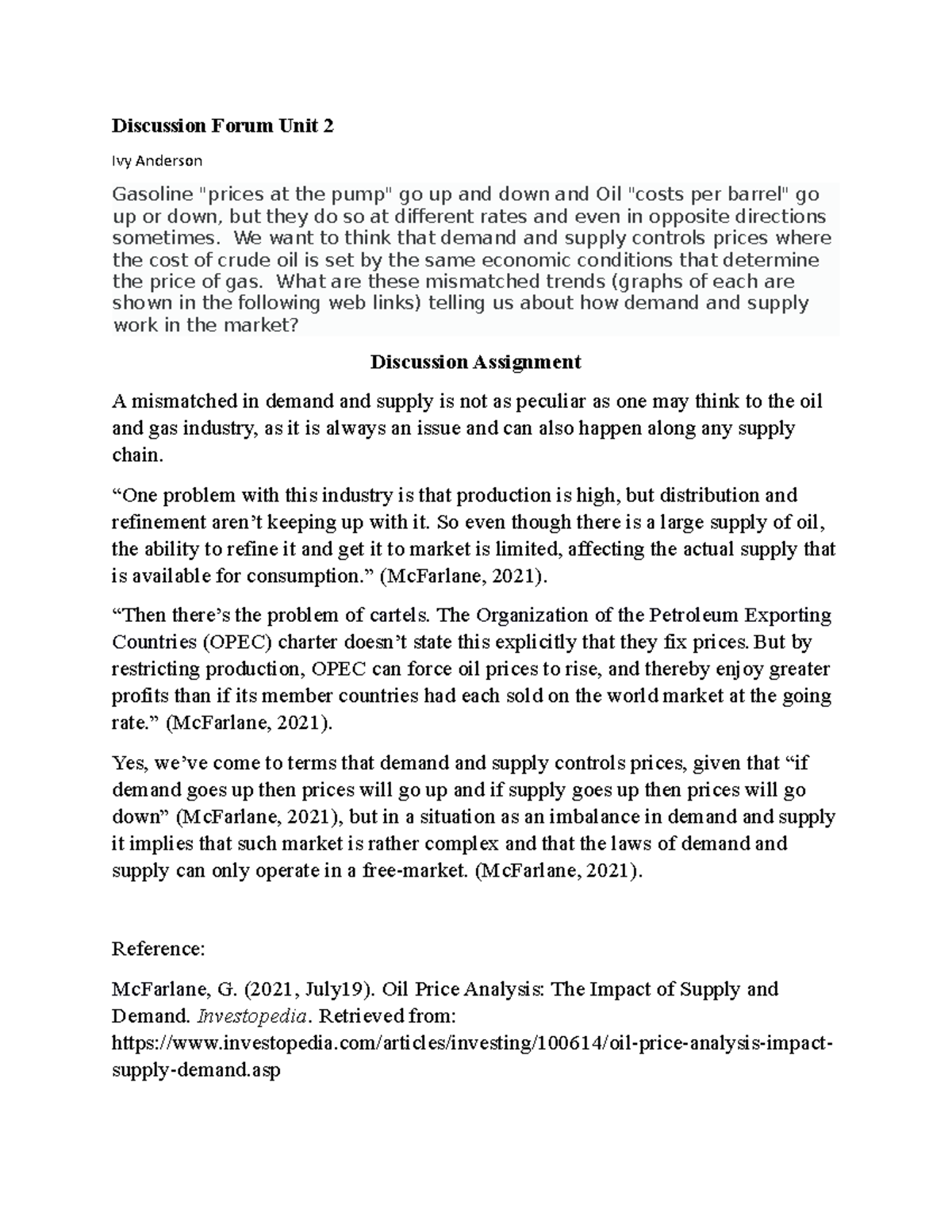 Unit 2 Discussion Assignment: Analyzing Gas Prices & Oil Supply in ECON ...