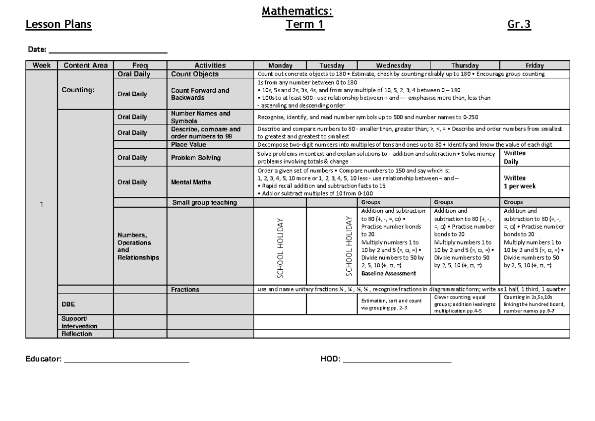 Grade 3 Term 1 Mathematics Lesson Plans Comprehensive Overview Studocu