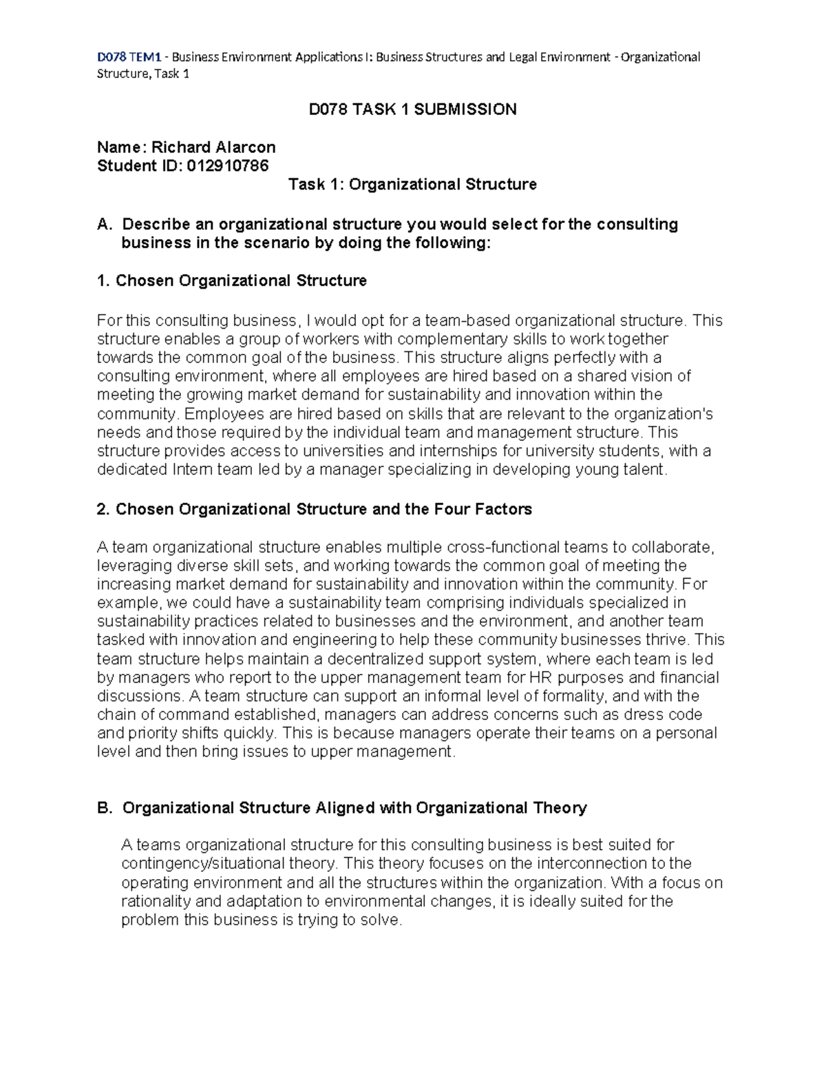 D078 TEM1 Business Environment: Task 1 on Organizational Structure ...
