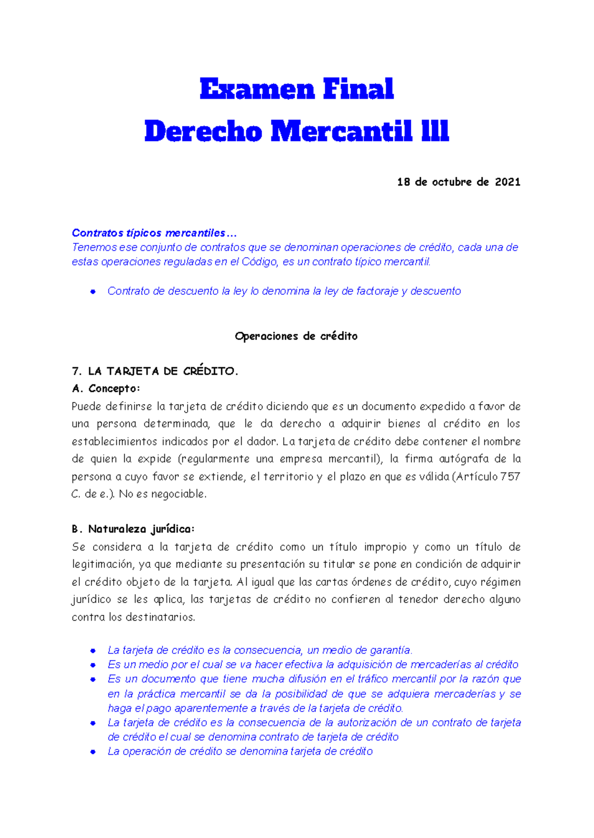 Merca 3 Examen Final - Examen Final Derecho Mercantil lll 18 de octubre ...