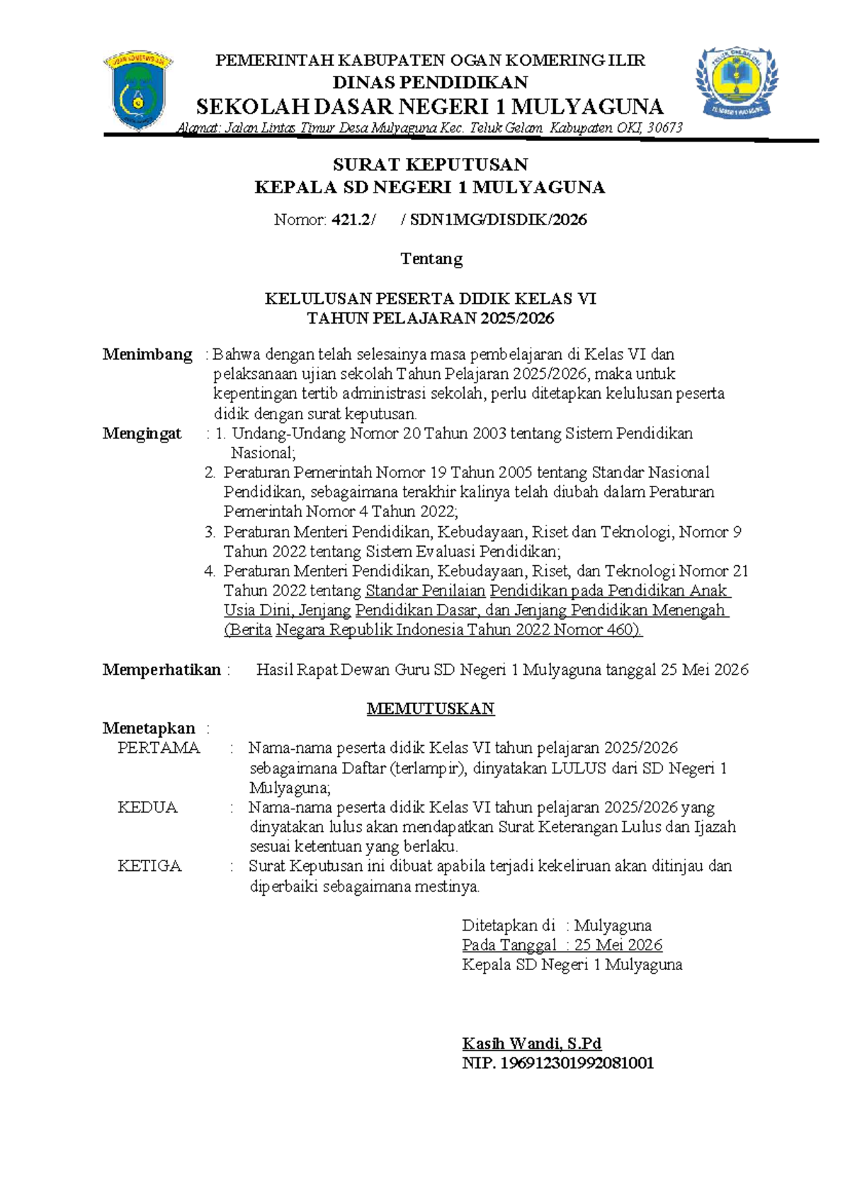 Surat Keputusan Kelulusan Kelas VI SD Negeri 1 Mulyaguna - Studocu