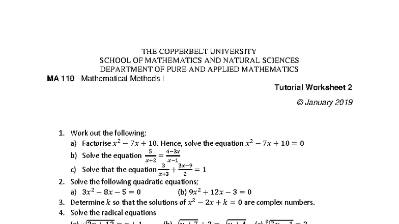 MA 110 Mathematical Methods I Tutorial Worksheet 2 - January 2019 - Studocu